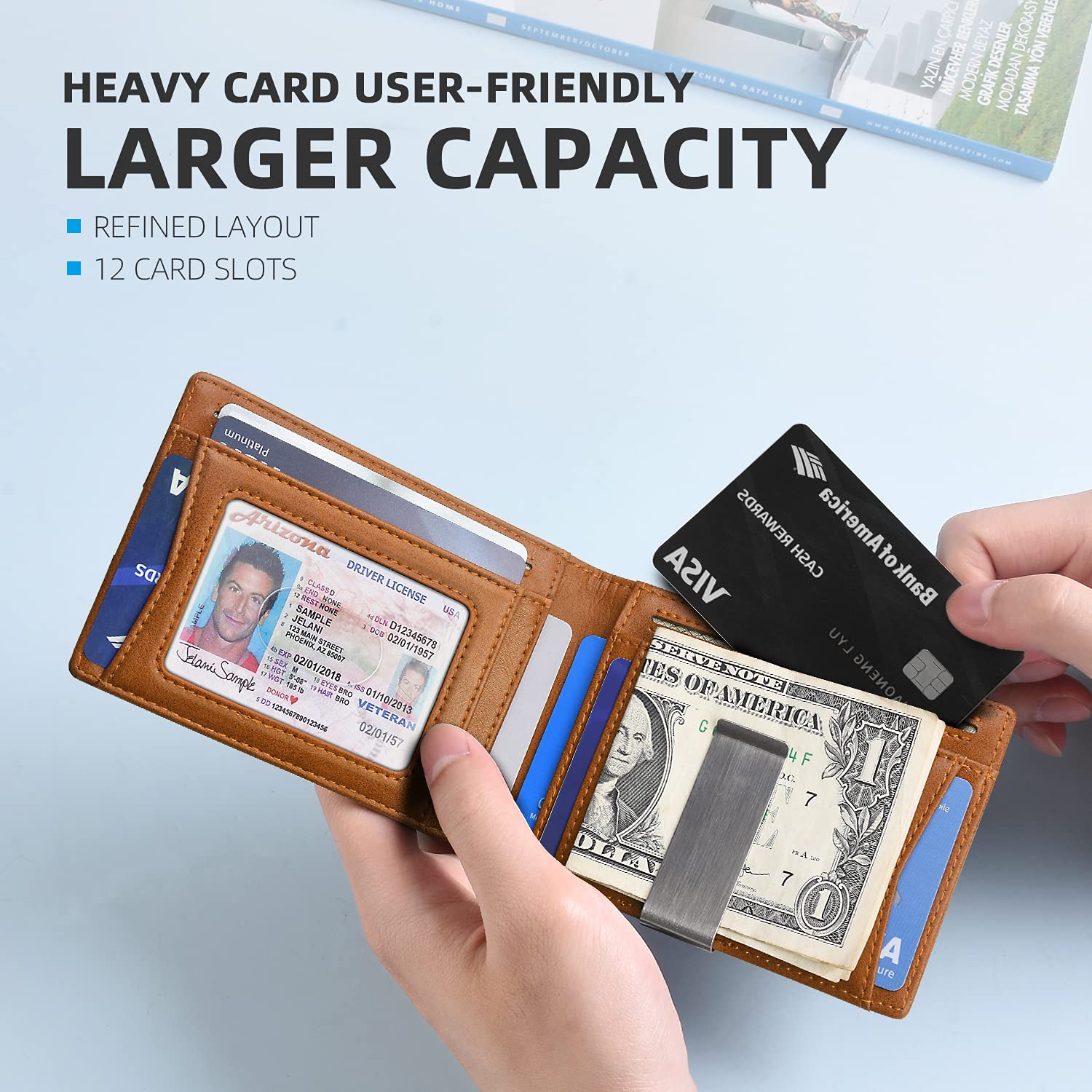 Zitahli Slim Wallet for Men Gifts 12 Card Slots ID Window With Money Clip Minimalist RFID Front Pocket Bifold Leather Small Thin Gift Box Dad Birthday Christmas Regalos Hombres