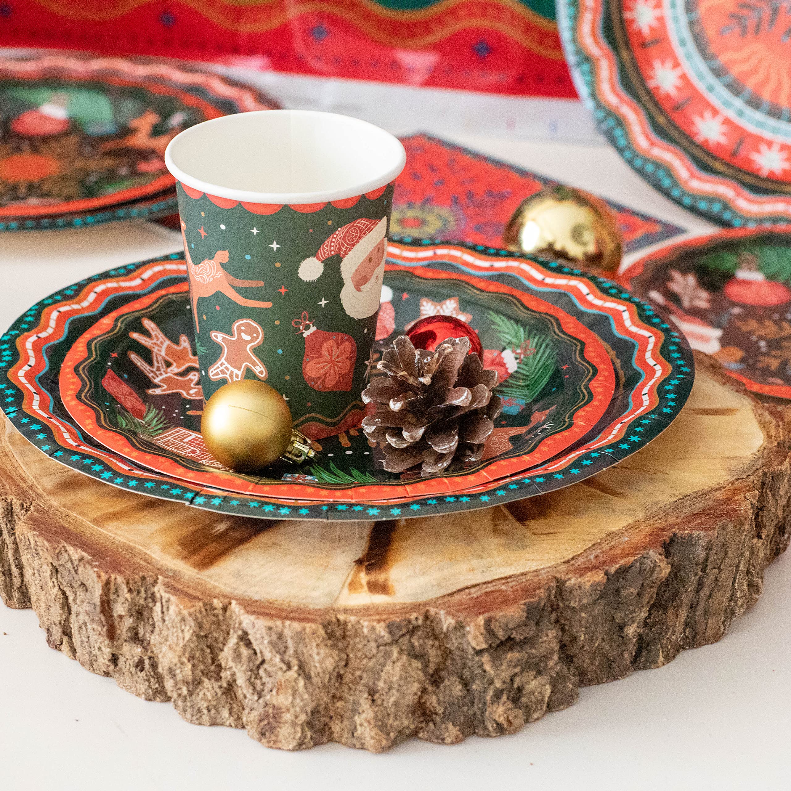 Christmas Paper Plates and Napkins Serves 16 Guests - Merry Christmas Tableware Sets With Santa Claus, Tree Snowflake | Disposable Paper Large Dinner Plates, Small Dessert Plates, Cups and Napkins
