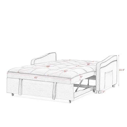 Upholstered Futon Loveseat Sofa Convertible to Sleeper Sofá Bed,Adjsutable Love Seat Chaise Lounge Couch Chair,Sofacama with Two Arm Pocket,Type C,USB Charging and Copper Nail for RV/Living Room