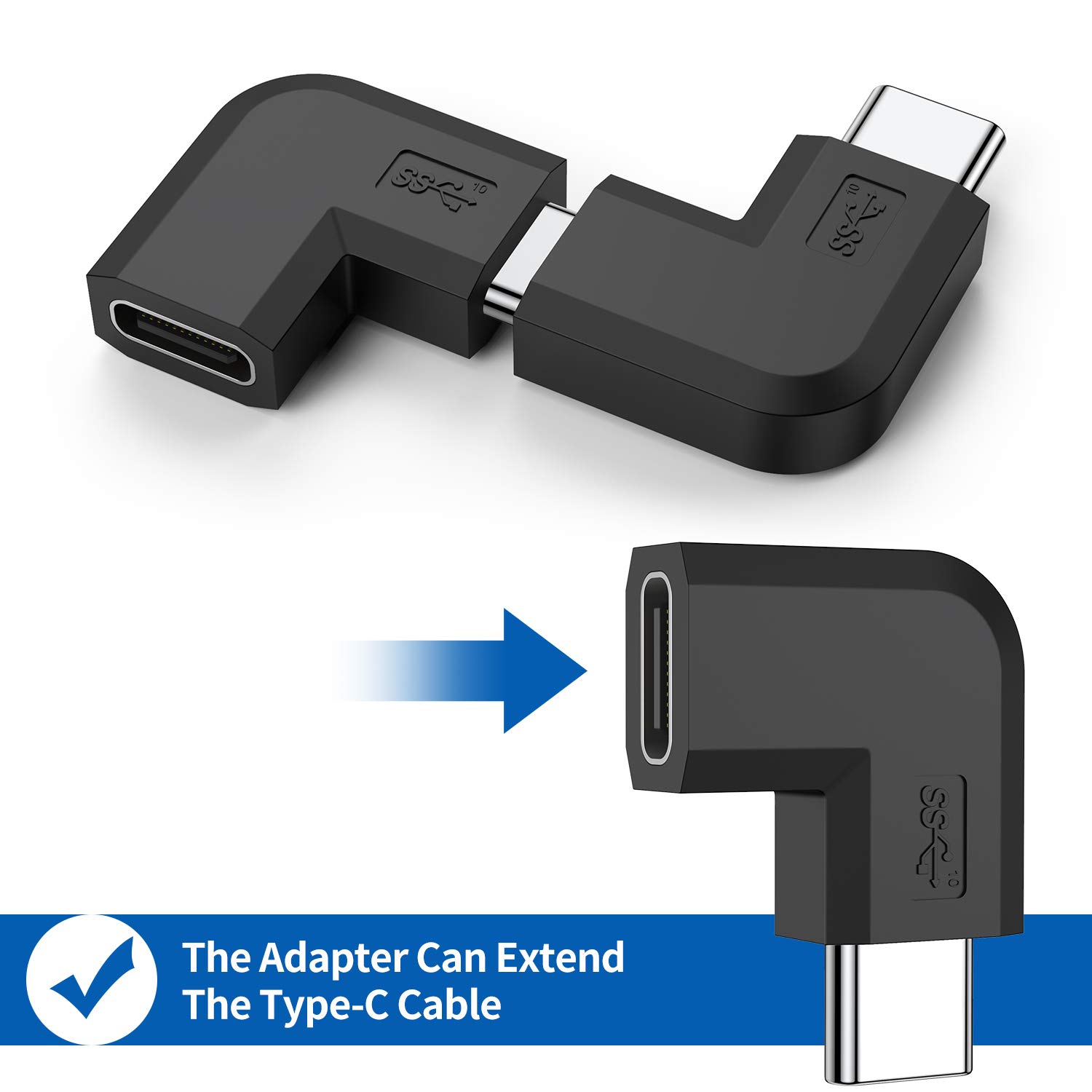 Right Angle USB C Adapter (2 Pack),3.1/10Gbps Right & Left Angled 90 Degree USB Type C Male to Female Extension Connector for MacBook Pro,Nintendo Switch,Laptop,Tablet,Mobile Phone,Oculus Quest Link