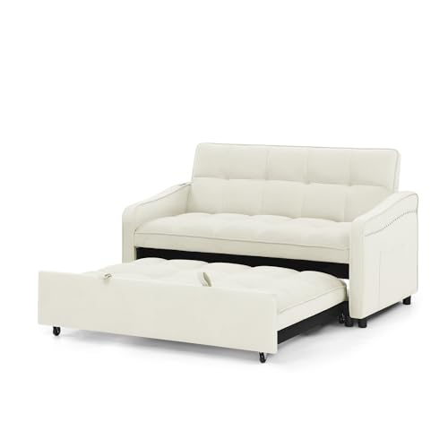 Upholstered Futon Loveseat Sofa Convertible to Sleeper Sofá Bed,Adjsutable Love Seat Chaise Lounge Couch Chair,Sofacama with Two Arm Pocket,Type C,USB Charging and Copper Nail for RV/Living Room