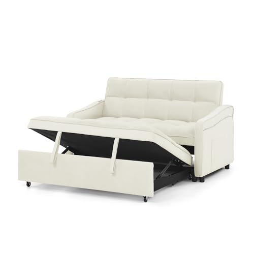 Upholstered Futon Loveseat Sofa Convertible to Sleeper Sofá Bed,Adjsutable Love Seat Chaise Lounge Couch Chair,Sofacama with Two Arm Pocket,Type C,USB Charging and Copper Nail for RV/Living Room