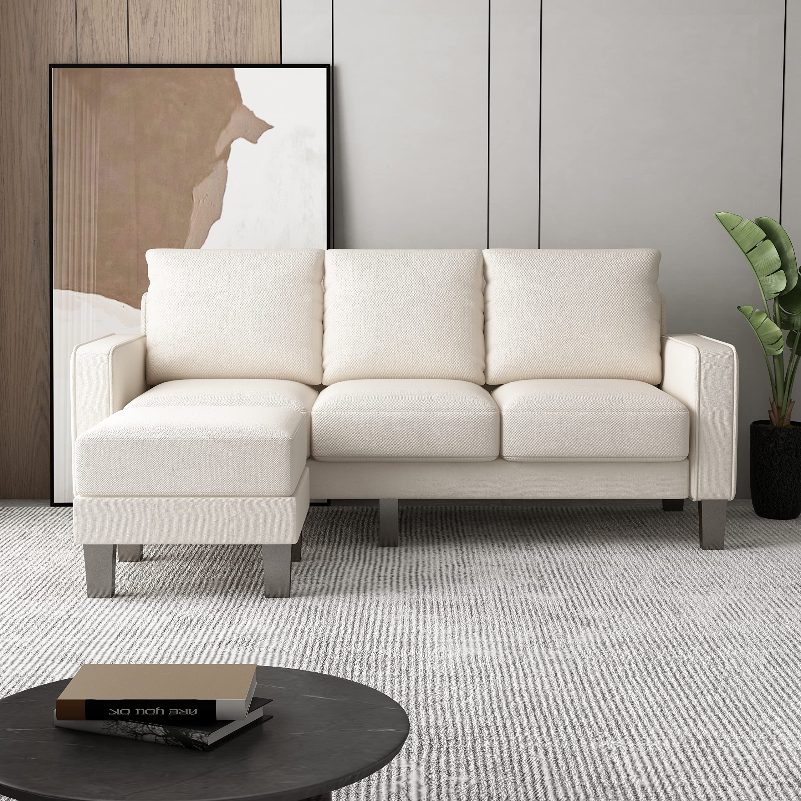 Myshle Convertible L-Shape Sofa with Storage Space, Upholstered Sleeper Sofa Couch with Square Arm,Bedroom,Relax Lounge,Office,Waiting Room, 4-Seater, Polyester, Beige
