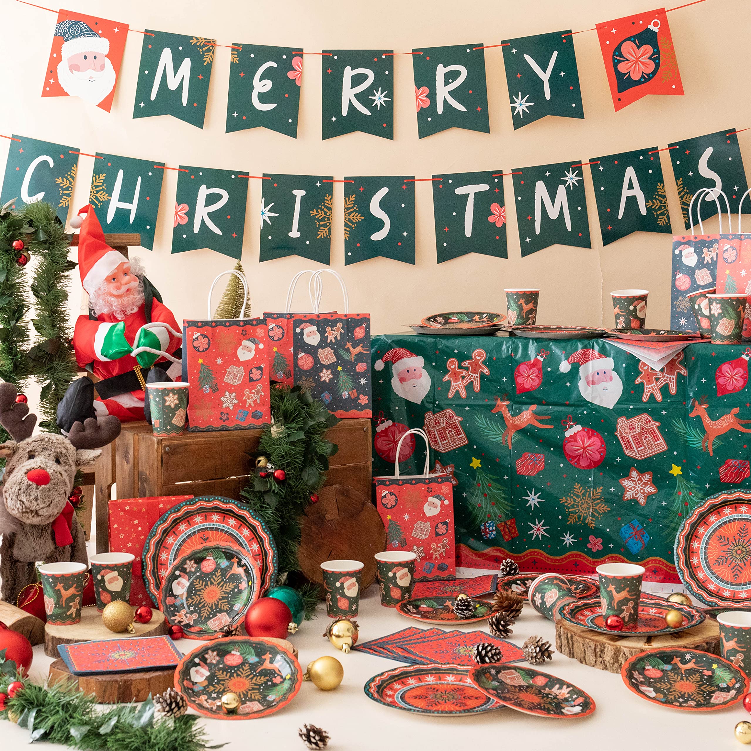 Christmas Paper Plates and Napkins Serves 16 Guests - Merry Christmas Tableware Sets With Santa Claus, Tree Snowflake | Disposable Paper Large Dinner Plates, Small Dessert Plates, Cups and Napkins