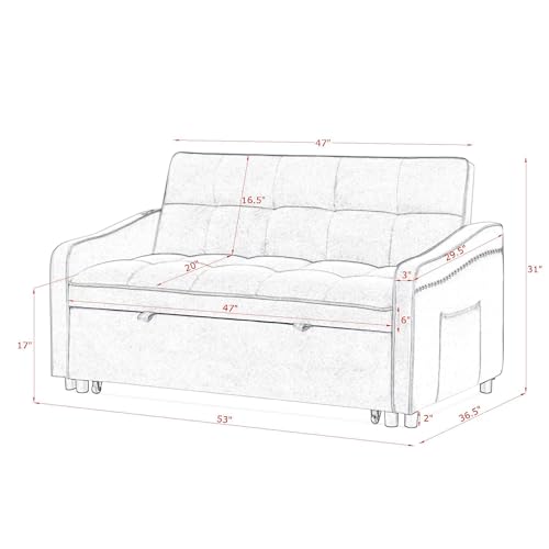 Upholstered Futon Loveseat Sofa Convertible to Sleeper Sofá Bed,Adjsutable Love Seat Chaise Lounge Couch Chair,Sofacama with Two Arm Pocket,Type C,USB Charging and Copper Nail for RV/Living Room