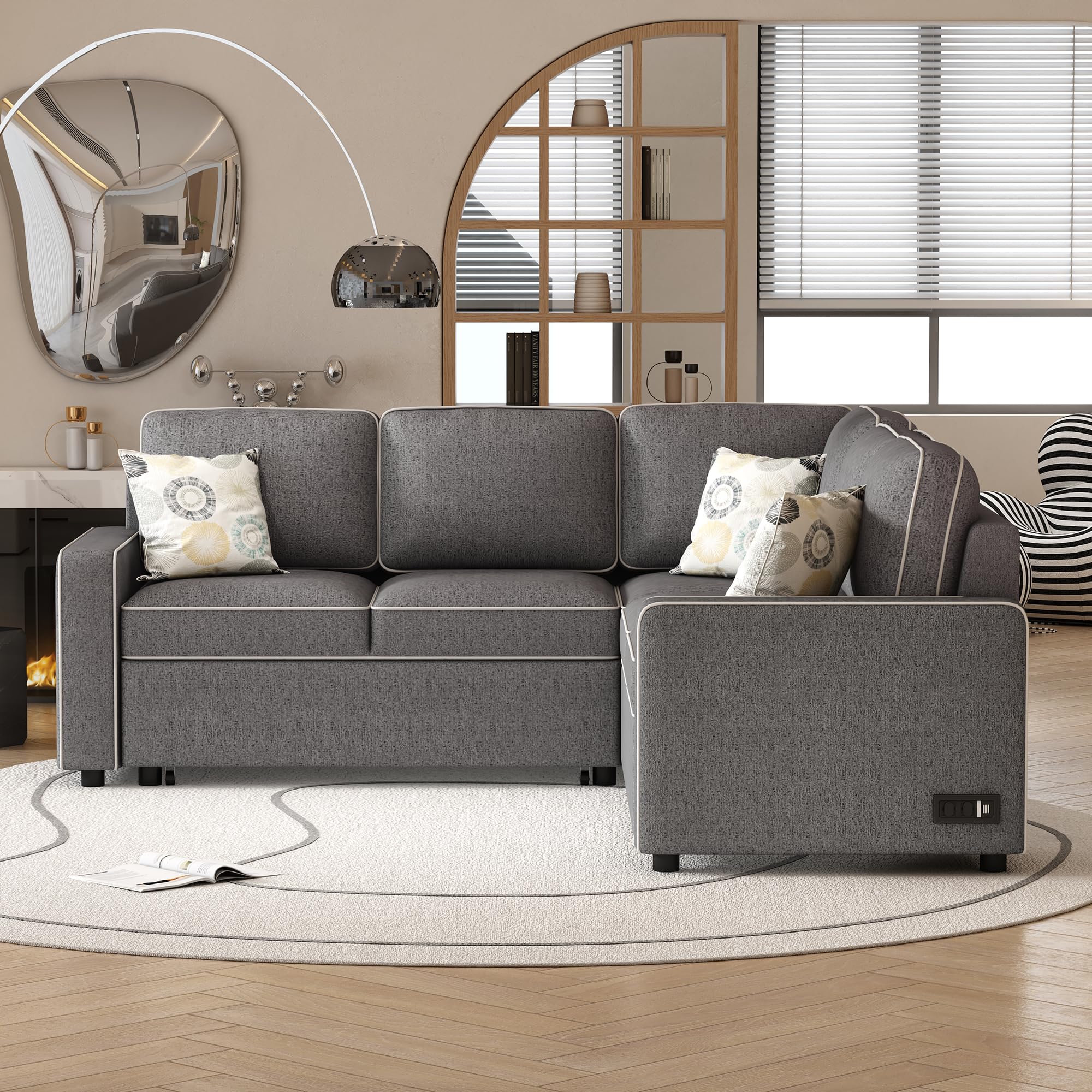 Pull Out Couch Sectional Sleeper Sofa L Shaped Convertible Sofa Bed with 2 USB Ports, 2 Power Sockets and 3 Pillows for Living Room, Bedroom, Office, 83" Brown
