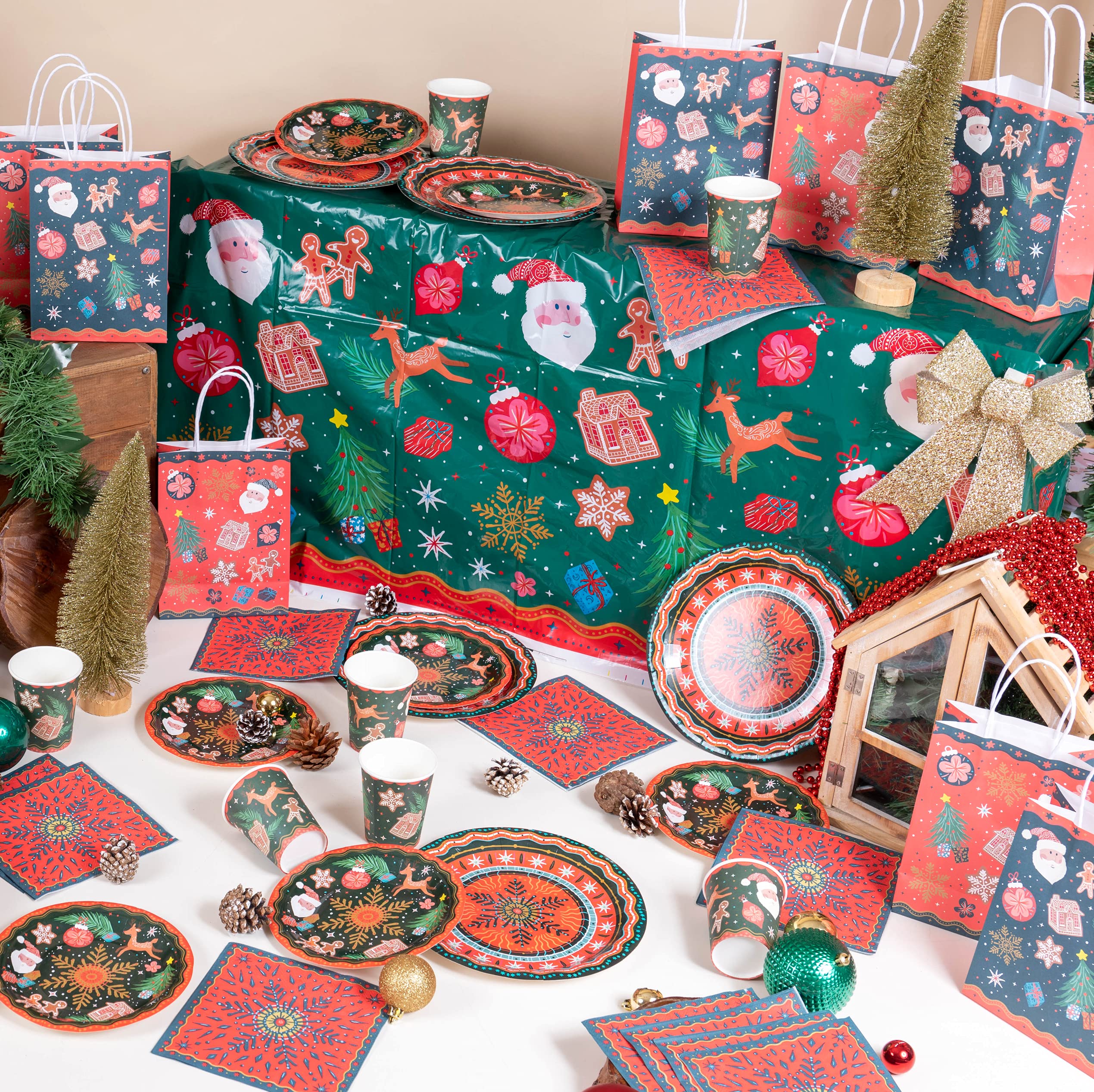 Christmas Paper Plates and Napkins Serves 16 Guests - Merry Christmas Tableware Sets With Santa Claus, Tree Snowflake | Disposable Paper Large Dinner Plates, Small Dessert Plates, Cups and Napkins