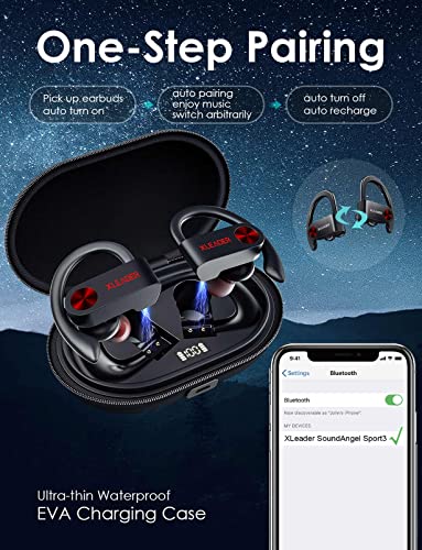 XLEADER Wireless Sports Earbuds Sport3 Pro Bluetooth Earphones with LED Display Charging Case 48H Playtime IPX7 Waterproof Deep Bass Microphone for Running Workout Gym Red