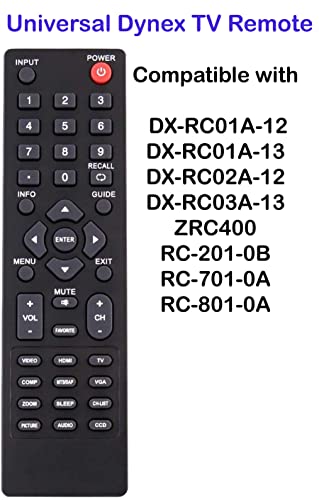 Universal for All Dynex TV Remote, Compatible with Dynex DX-RC02A-12 DX-RC01A-12 DX-RC01A-13 DX-RC03A-13 RC-201-0B RC-701-0A RC-801-0A ZRC400 - No Setup Required