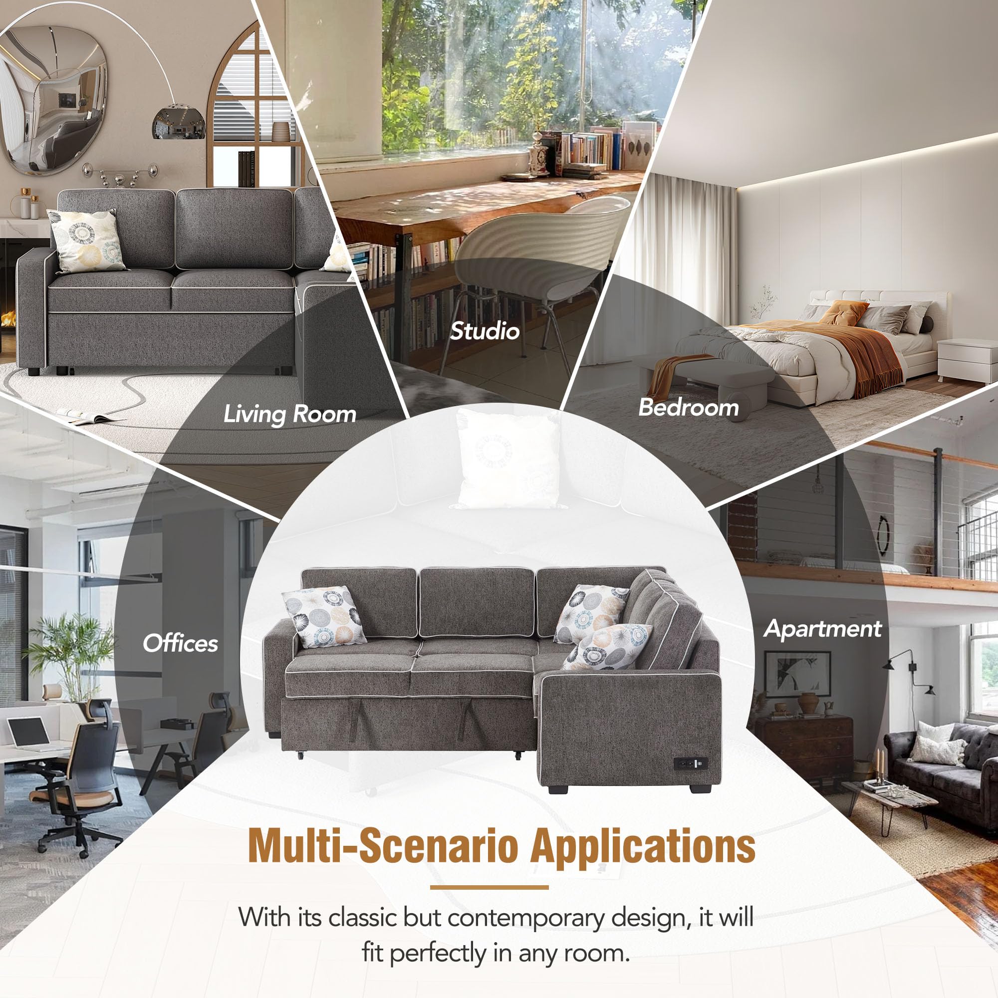 Pull Out Couch Sectional Sleeper Sofa L Shaped Convertible Sofa Bed with 2 USB Ports, 2 Power Sockets and 3 Pillows for Living Room, Bedroom, Office, 83" Brown