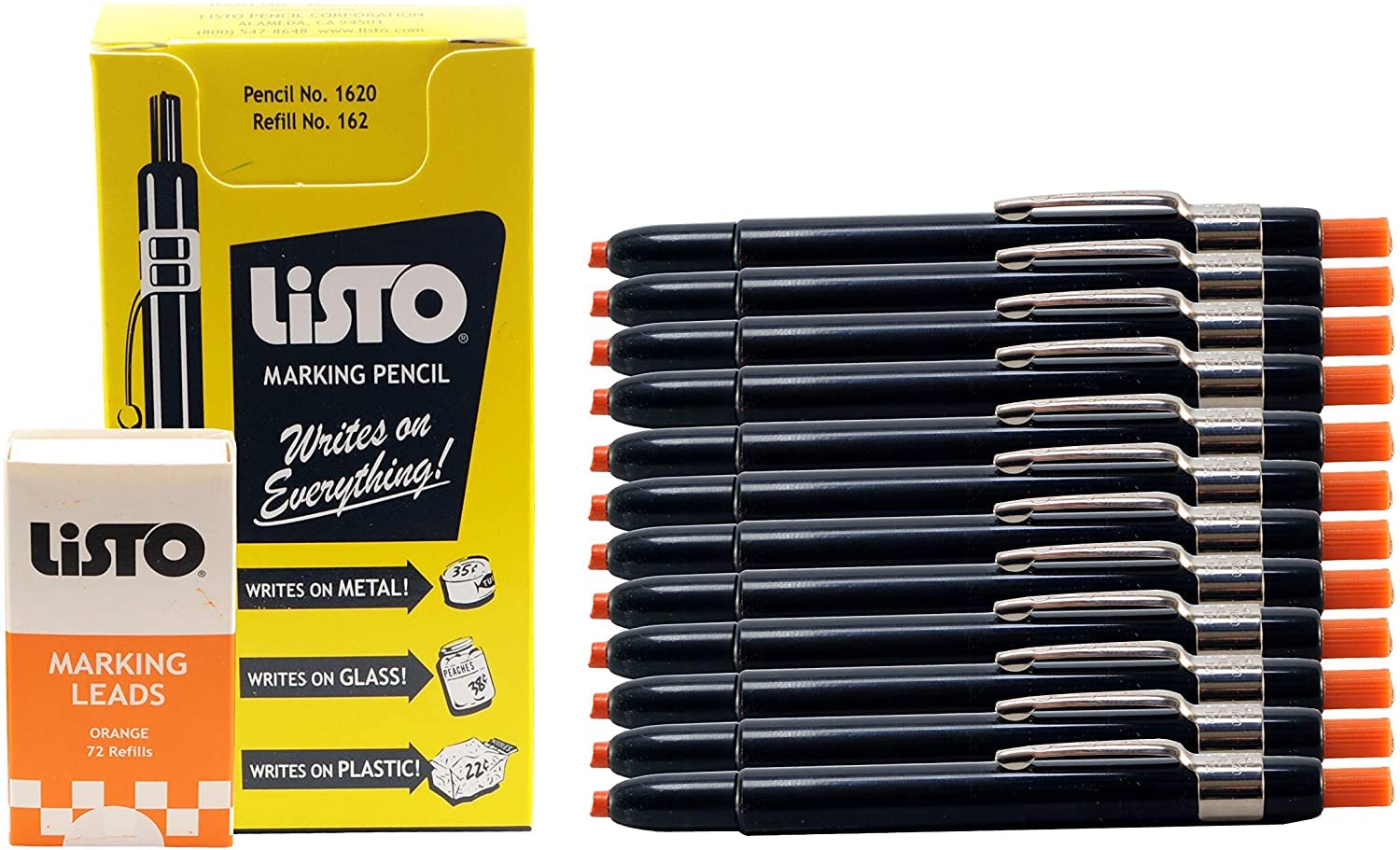 Listo 1620 and 162 Marking Pencils Kit, 12 Pencils, 72 Refill Leads - Orange, Chisel Tip, Firm, Flat End, Ideal for Marking and Writing on Hard Surfaces, Construction Theme, Not Water Resistant
