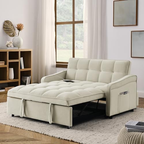 Upholstered Futon Loveseat Sofa Convertible to Sleeper Sofá Bed,Adjsutable Love Seat Chaise Lounge Couch Chair,Sofacama with Two Arm Pocket,Type C,USB Charging and Copper Nail for RV/Living Room