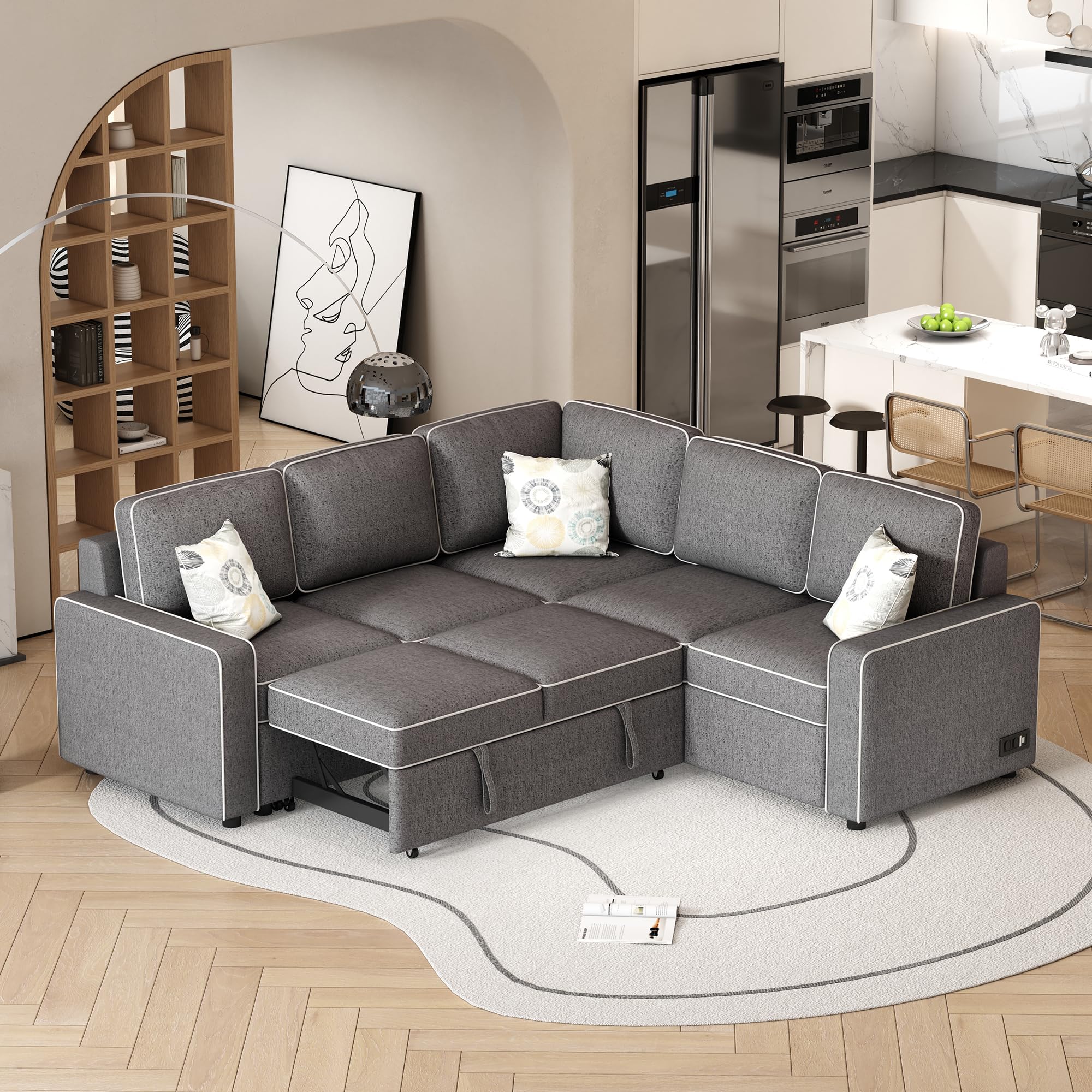 Pull Out Couch Sectional Sleeper Sofa L Shaped Convertible Sofa Bed with 2 USB Ports, 2 Power Sockets and 3 Pillows for Living Room, Bedroom, Office, 83" Brown