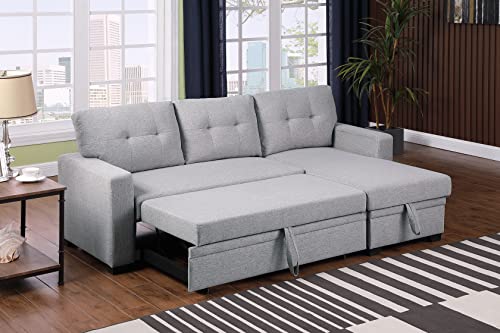 Prohon Sectional Multi-Functional Convertible Sleeper Sofa Bed, 3 Seats Loveseat with Pull Out Couch & Upholstered Chaise for Living Room Bedroom Home Office Apartment, Light Gray