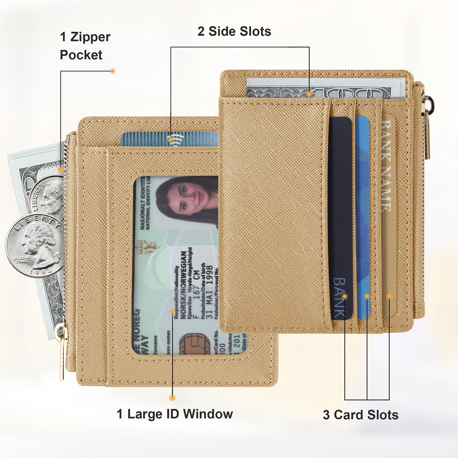 Sodsay Card Case Slim Front Pocket Wallet for Women Credit Card Holder with Keychain(CH Champagne Gold)