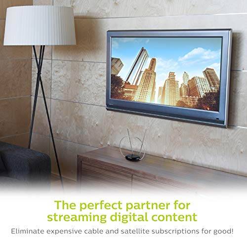 Philips Rabbit Ears Indoor TV Antenna, Dipoles and Circular Loop, Tabletop Antenna, Digital, Smart TV Compatible, HDTV Antenna, 4K 1080P VHF UHF, 5ft Coaxial Cable, Black, SDV8201B/27