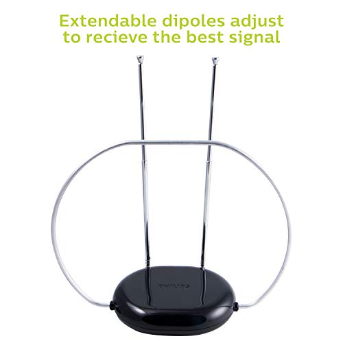 Philips Rabbit Ears Indoor TV Antenna, Dipoles and Circular Loop, Tabletop Antenna, Digital, Smart TV Compatible, HDTV Antenna, 4K 1080P VHF UHF, 5ft Coaxial Cable, Black, SDV8201B/27