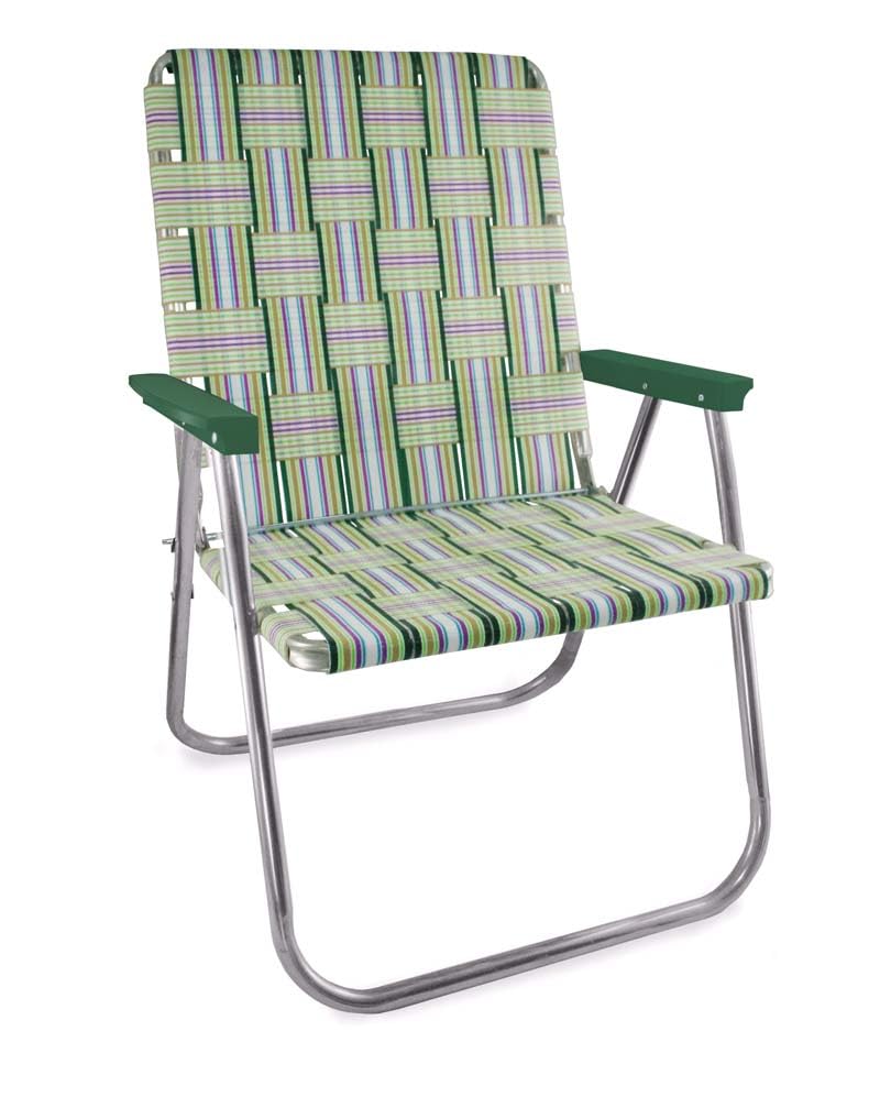 Lawn Chair USA | Folding Aluminum Webbed Chair for Camping, Sports, and Beach | Magnum - Spring Fling with Green Arms