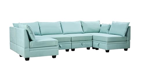 kevinplus 115'' Modular Sectional Sofa Couch with Storage Seat for Living Room, Modern L-Shaped U-Shaped 6-Seat Convertible Sofa Couch Bed for Apartment, Free Combination, Linen Fabric, Light Green