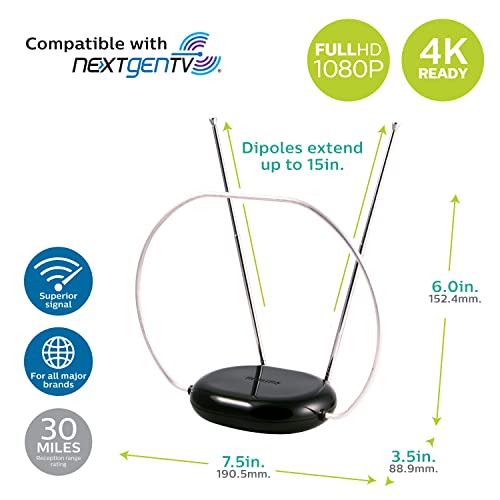 Philips Rabbit Ears Indoor TV Antenna, Dipoles and Circular Loop, Tabletop Antenna, Digital, Smart TV Compatible, HDTV Antenna, 4K 1080P VHF UHF, 5ft Coaxial Cable, Black, SDV8201B/27