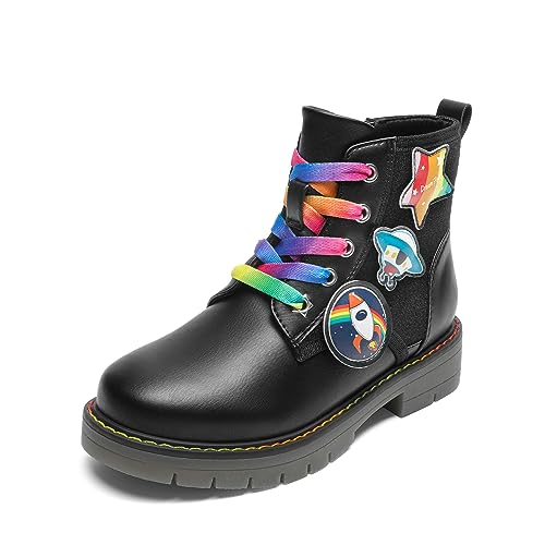 DREAM PAIRS Girls Boys Glitter Ankle Boots Side Zipper Combat Shoes with Lace Up for Toddler/Little Kid/Big Kid,Size 4 Big Kid,Black,SDBO2220K