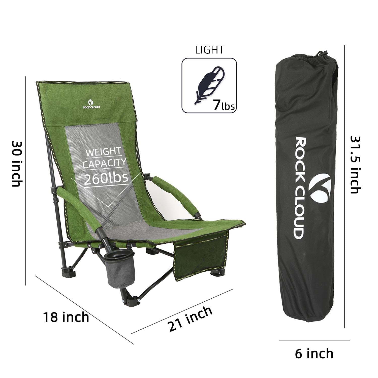 ROCK CLOUD Portable Folding Beach Chair Low Camping Chairs for Camp Lawn Hiking Sports Hunting, Green