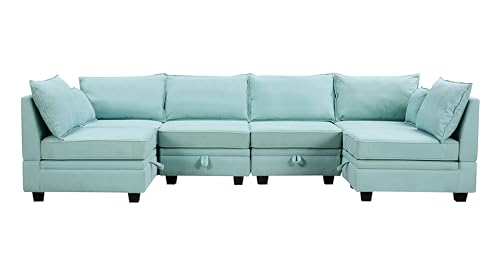 kevinplus 115'' Modular Sectional Sofa Couch with Storage Seat for Living Room, Modern L-Shaped U-Shaped 6-Seat Convertible Sofa Couch Bed for Apartment, Free Combination, Linen Fabric, Light Green