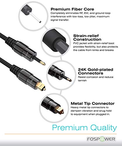 FosPower (6 Feet) 24K Gold Plated Toslink to Mini Toslink Digital Optical S/PDIF Audio Cable with Metal Connectors & Strain-Relief PVC Jacket