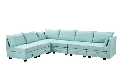 kevinplus 115'' Modular Sectional Sofa Couch with Storage Seat for Living Room, Modern L-Shaped U-Shaped 6-Seat Convertible Sofa Couch Bed for Apartment, Free Combination, Linen Fabric, Light Green
