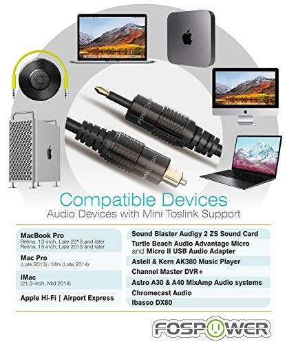 FosPower (6 Feet) 24K Gold Plated Toslink to Mini Toslink Digital Optical S/PDIF Audio Cable with Metal Connectors & Strain-Relief PVC Jacket