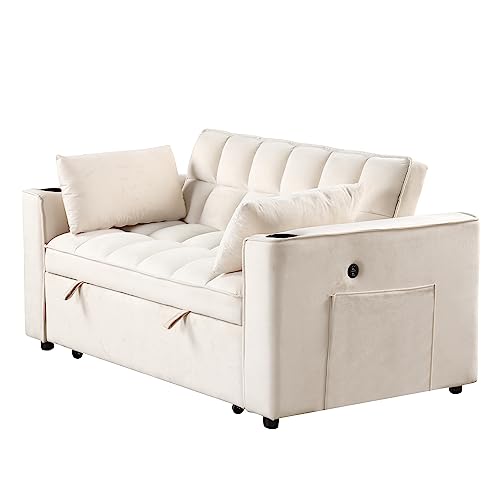 3 in 1 Upholstered Futon Sofa Convertible Twin Sofabed,Foldable Tufted Loveseat with Pull Out Sleeper Couch Bed, Space Saving Love Seat Daybed W/Side Pockets,USB Ports & Cupholders for Living Room