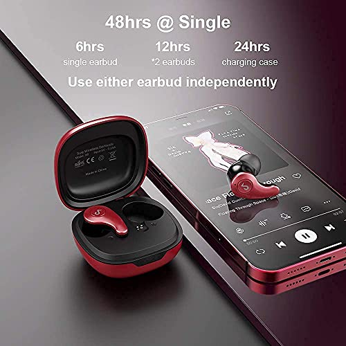 Soiedroo Red Bluetooth Wireless Earbuds Deep Bass Headphone with Dual Mic, CVC8.0 Noise Cancelling Earphone 3D Stereo Sound,Crystle Clear Phone Call Voice with Wireless Fast Chargingā¦
