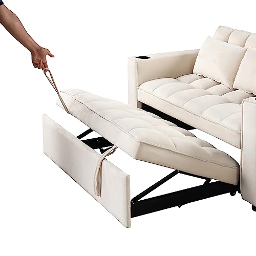 3 in 1 Upholstered Futon Sofa Convertible Twin Sofabed,Foldable Tufted Loveseat with Pull Out Sleeper Couch Bed, Space Saving Love Seat Daybed W/Side Pockets,USB Ports & Cupholders for Living Room
