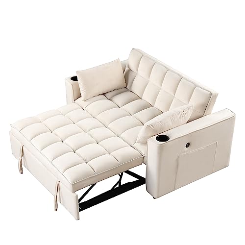 3 in 1 Upholstered Futon Sofa Convertible Twin Sofabed,Foldable Tufted Loveseat with Pull Out Sleeper Couch Bed, Space Saving Love Seat Daybed W/Side Pockets,USB Ports & Cupholders for Living Room