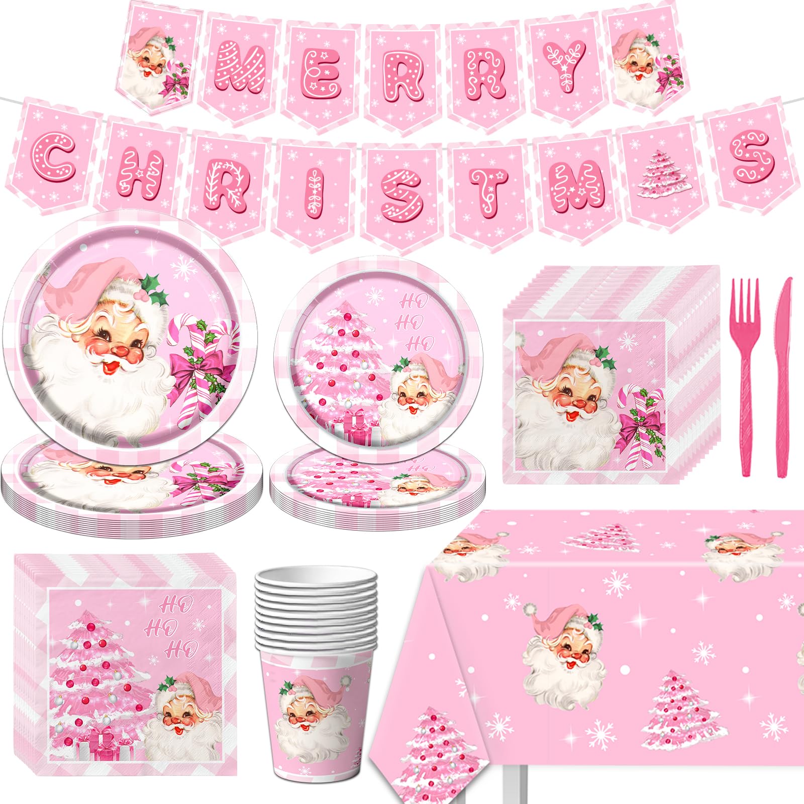 Christmas Party Supplies, 142Pcs Christmas Dinnerware Set Includes Pink Santa Claus Snowflake Napkins and Plates,Cups,Banner,Xmas Tablecloth for Merry Christmas Holiday Party, Serves 20