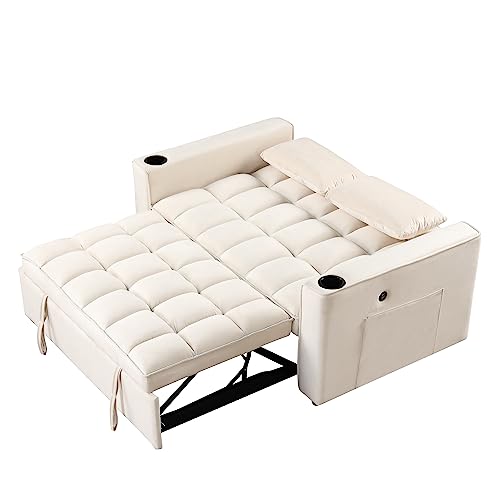 3 in 1 Upholstered Futon Sofa Convertible Twin Sofabed,Foldable Tufted Loveseat with Pull Out Sleeper Couch Bed, Space Saving Love Seat Daybed W/Side Pockets,USB Ports & Cupholders for Living Room