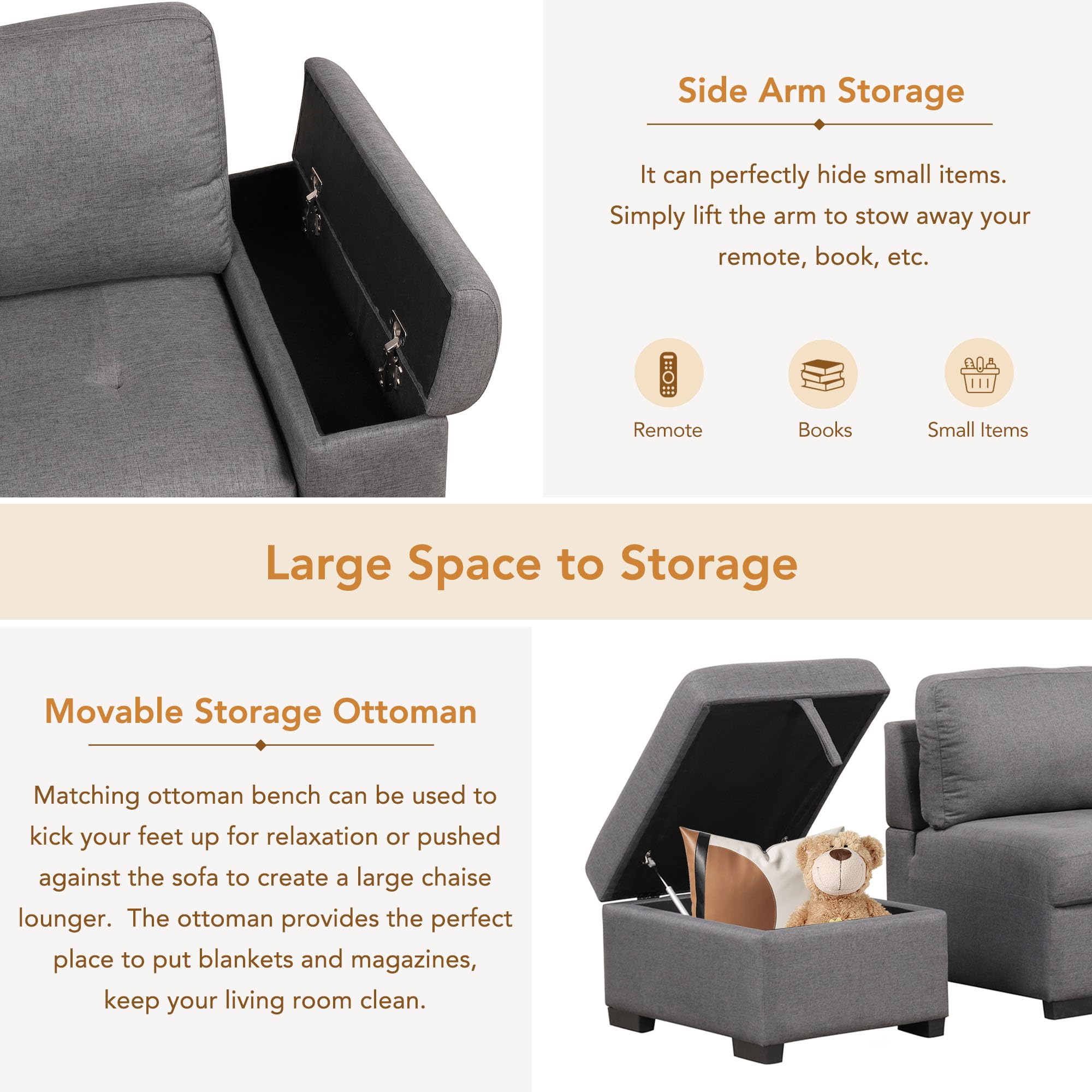 Bellemave Sectional Sleeper Sofa Pull Out Couch with Storage & USB Charging L Shaped Convertible Sofa Bed with Ottoman Pull Out Sofa Bed for Living Room Apartment, Dark Gray