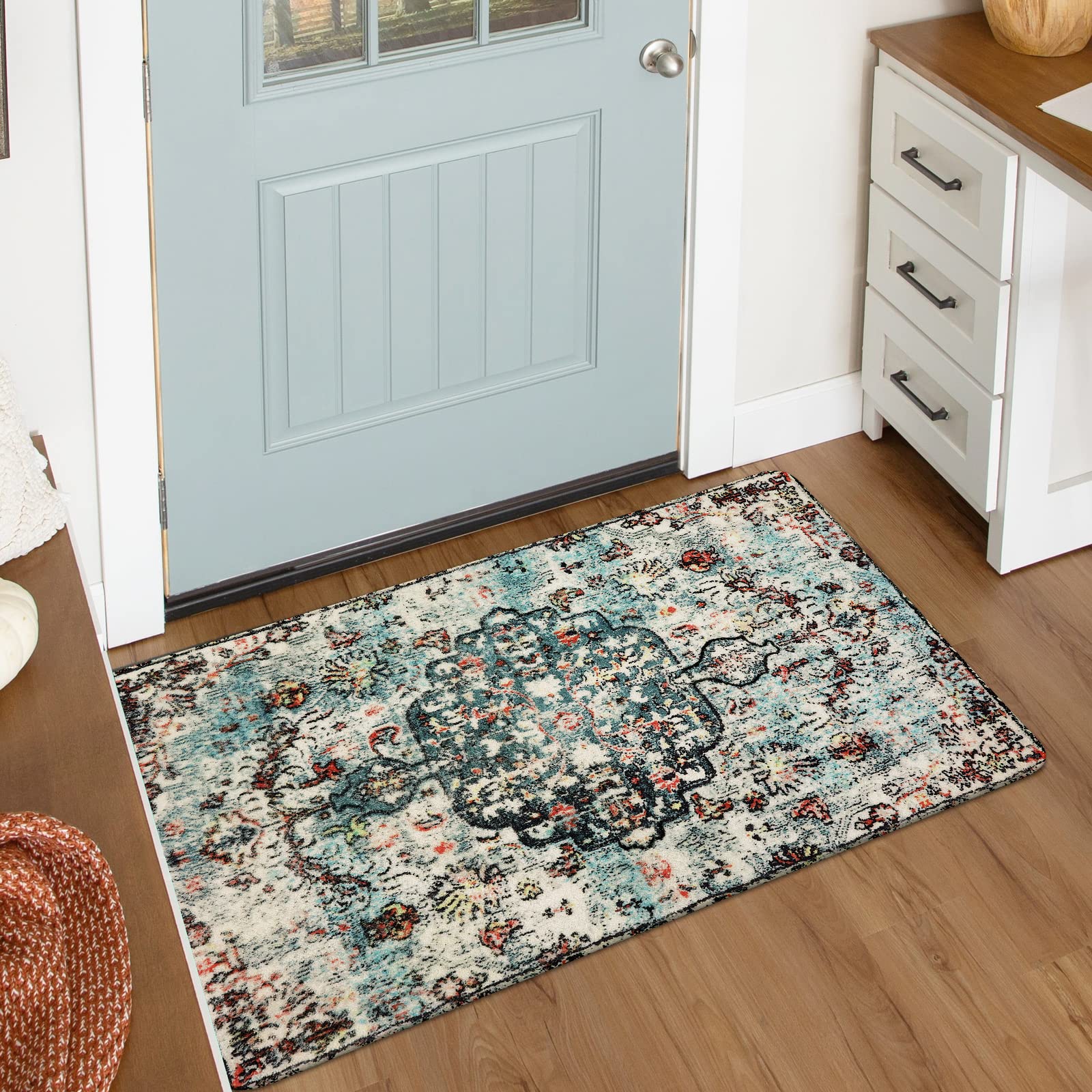 Lahome Bohemian Floral Medallion Area Rug - 2x3 Vintage Teal Distressed Small Entryway Rug Turkish Doormat Faux Wool Non-Slip Washable Low-Pile Carpet for Bathroom Kitchen Laundry Room Decor