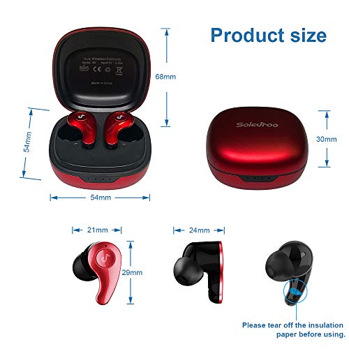 Soiedroo Red Bluetooth Wireless Earbuds Deep Bass Headphone with Dual Mic, CVC8.0 Noise Cancelling Earphone 3D Stereo Sound,Crystle Clear Phone Call Voice with Wireless Fast Chargingā¦