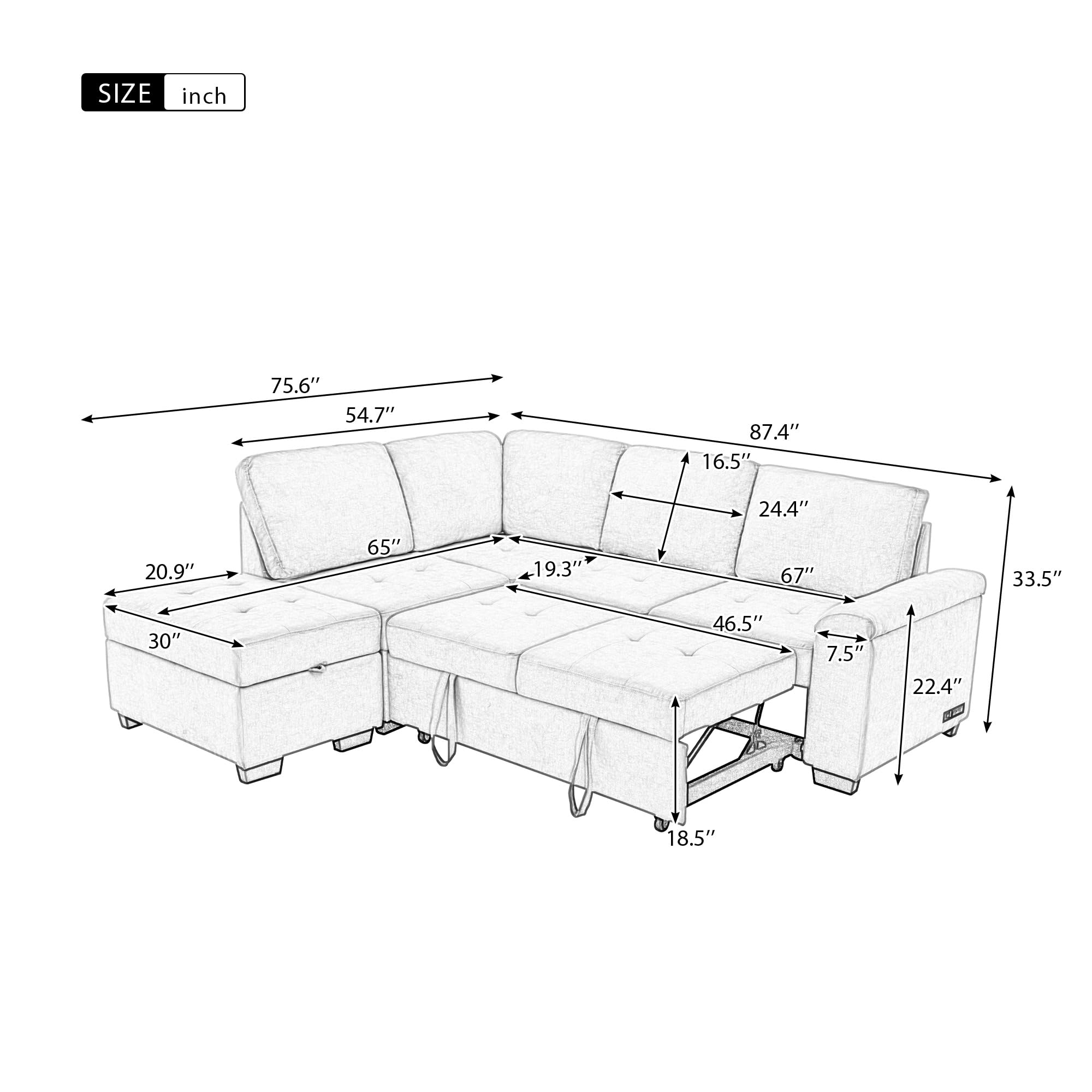 Bellemave Sectional Sleeper Sofa Pull Out Couch with Storage & USB Charging L Shaped Convertible Sofa Bed with Ottoman Pull Out Sofa Bed for Living Room Apartment, Dark Gray