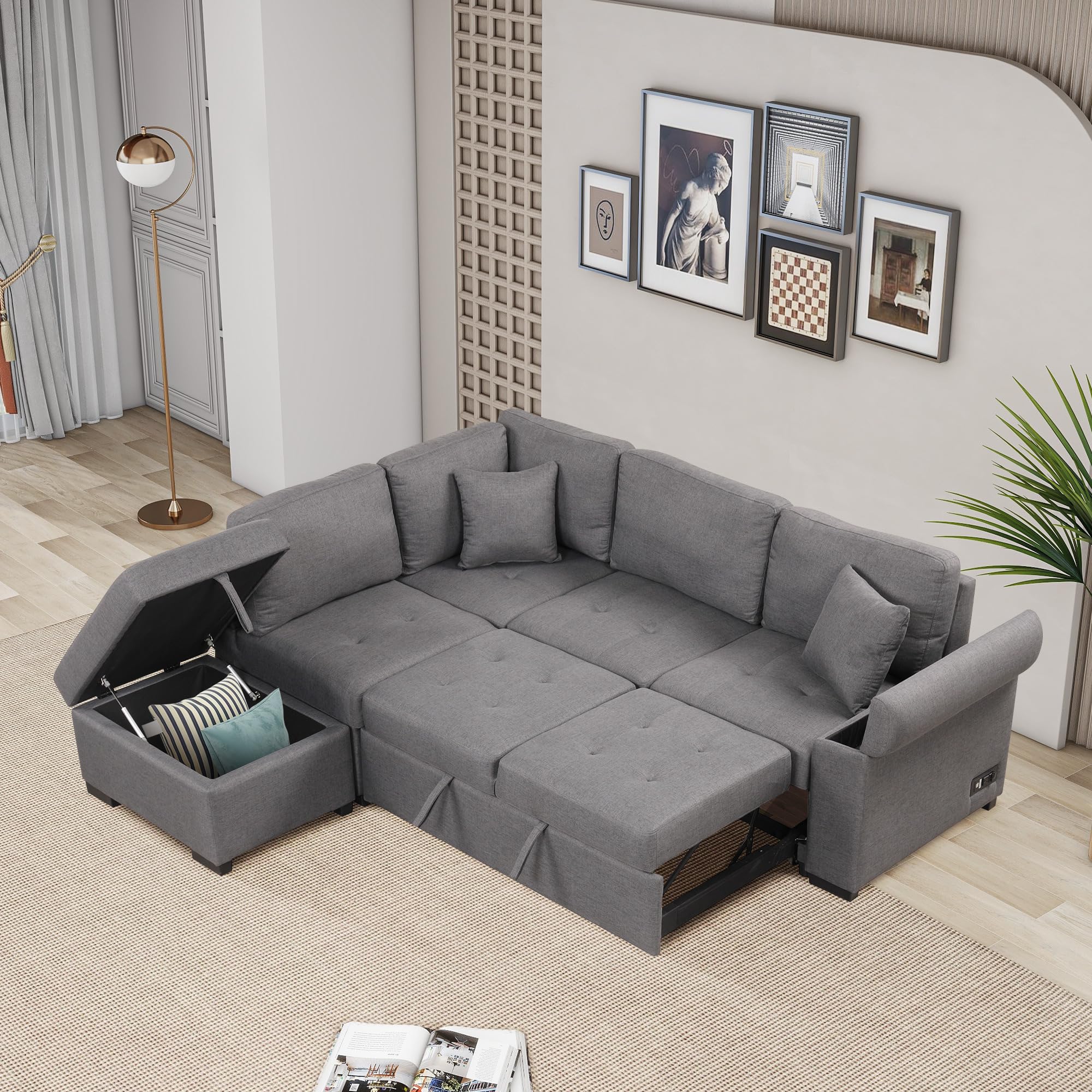Bellemave Sectional Sleeper Sofa Pull Out Couch with Storage & USB Charging L Shaped Convertible Sofa Bed with Ottoman Pull Out Sofa Bed for Living Room Apartment, Dark Gray