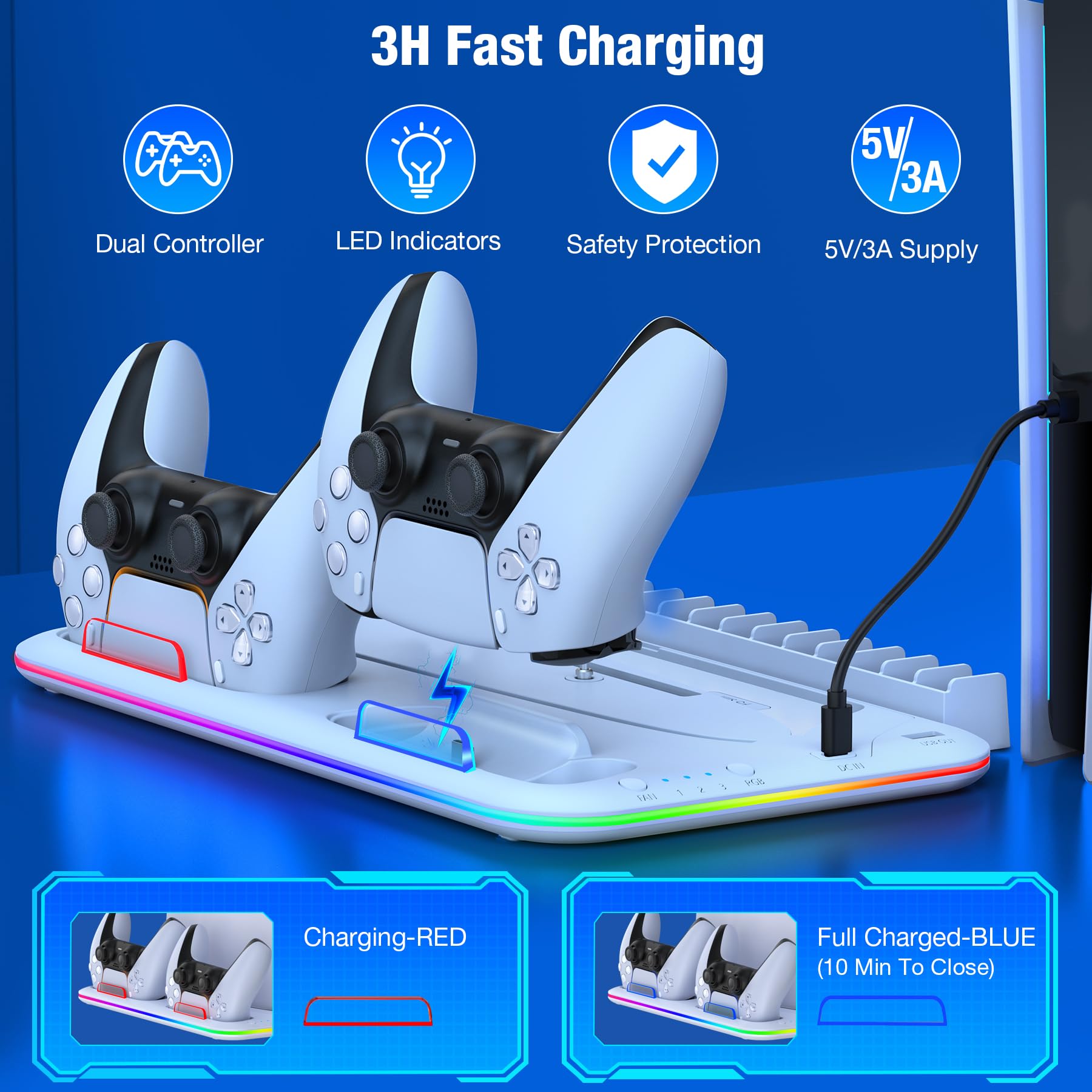PS5 Stand PS5 Slim Stand with Cooling Station and Controller Charging Station for PS5 Slim Console Disc/Digital, PS5 Cooling Fan, RGB, Headset Holder, 15 Game Slot for Playstation 5 Accessories, White