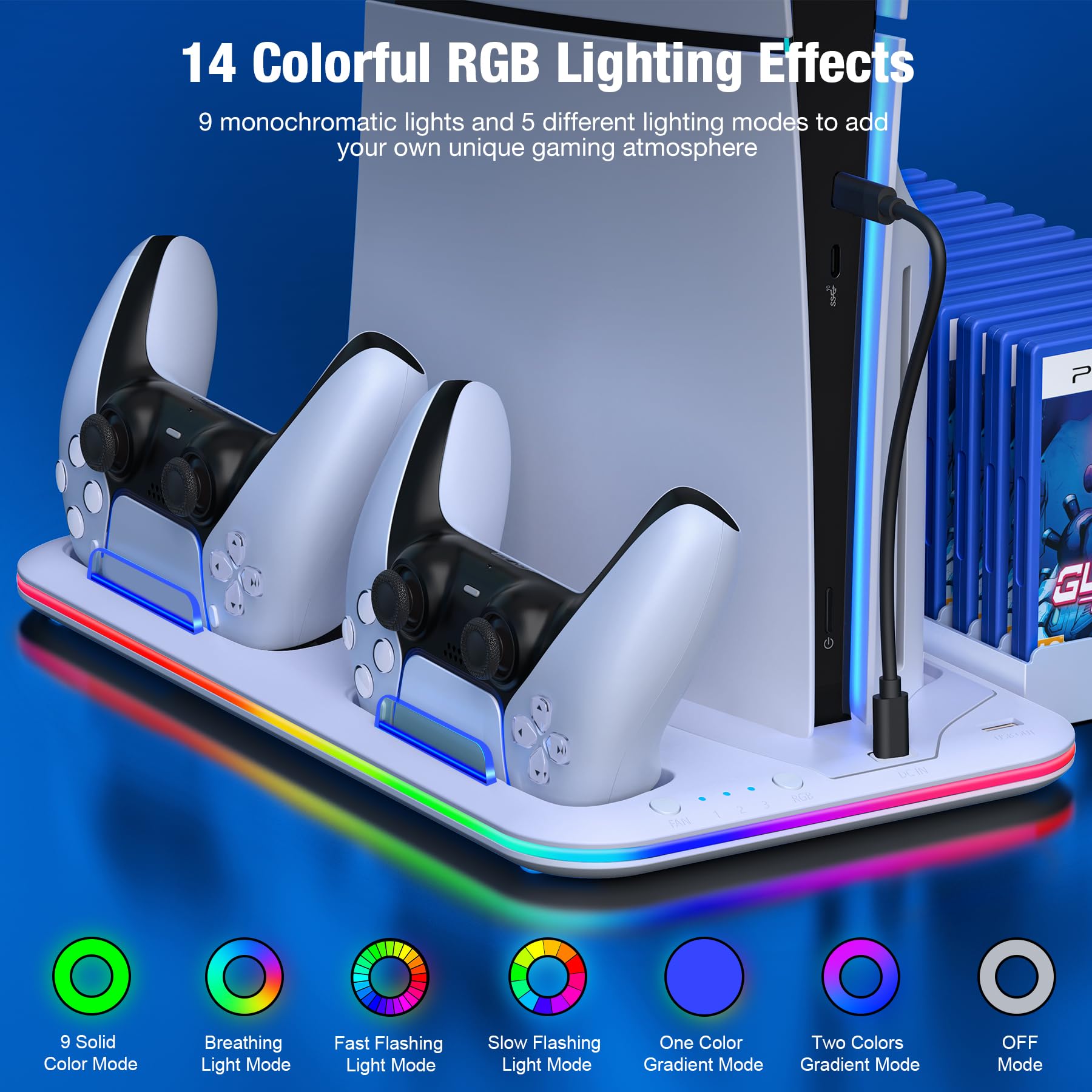 PS5 Stand PS5 Slim Stand with Cooling Station and Controller Charging Station for PS5 Slim Console Disc/Digital, PS5 Cooling Fan, RGB, Headset Holder, 15 Game Slot for Playstation 5 Accessories, White