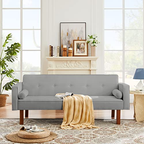 Verfur Upholstered Futon Sofa Bed for Small Spaces,74.4" Button Tufted 3 Seater Convertible Sleeper Couches Loveseat for Living Room,Bedroom and Office, Light Gray Comfy Linen