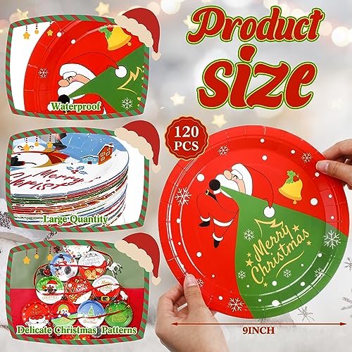 Sliner 120 Pcs 9 Inch Christmas Paper Plates Round Christmas Dinner Plates Cute Snowman Santa Themed Disposable Plates Dinnerware Plates for Xmas Winter Season Holiday Party Baking Cookie Dishware