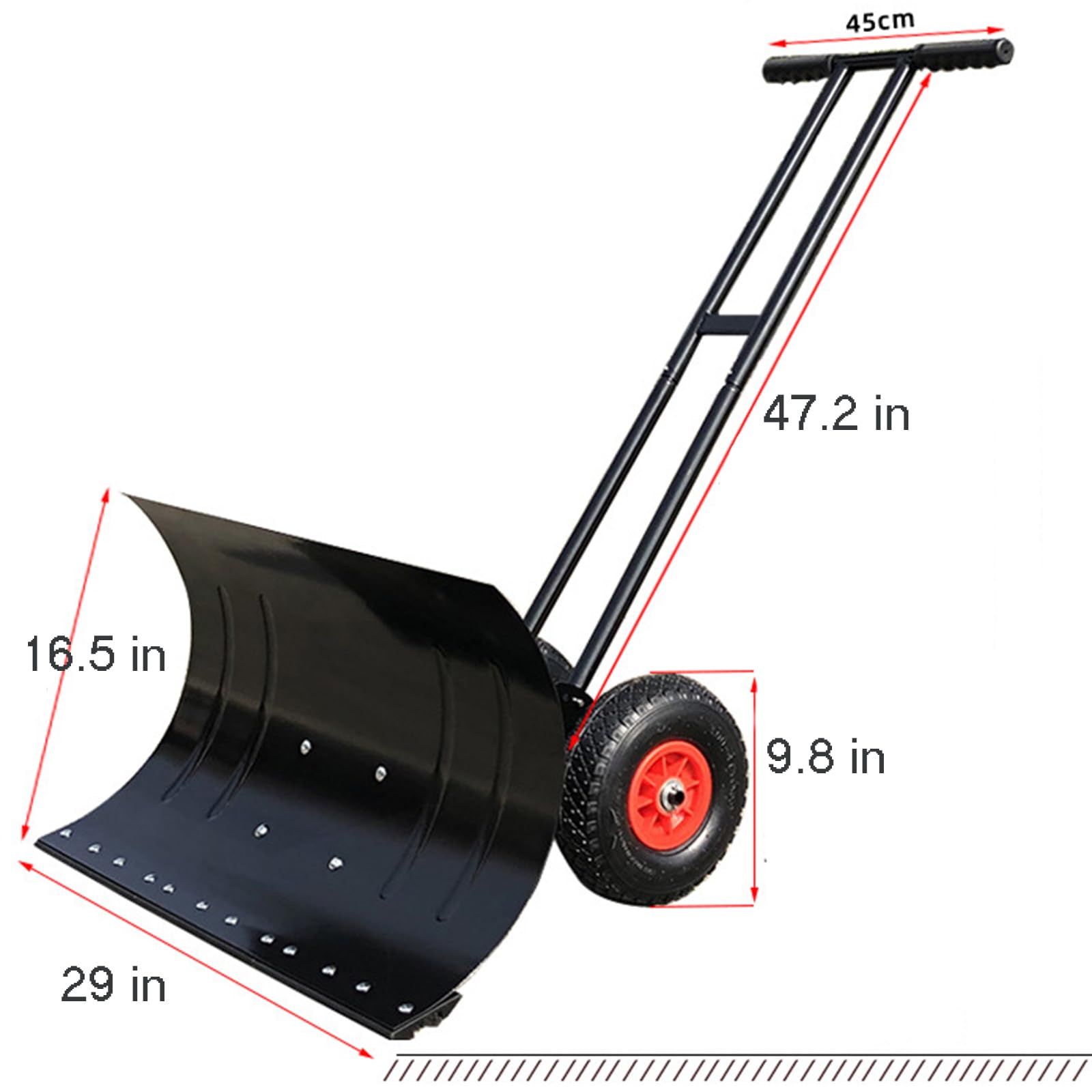 Snow Pusher, Snow Shovel with Wheels, 29" Wide Snow Plow Shovel Wheeled, Double Push Rod Design, Angle and Height Adjustable, Snow Shovel for Driveway Garden Pavement