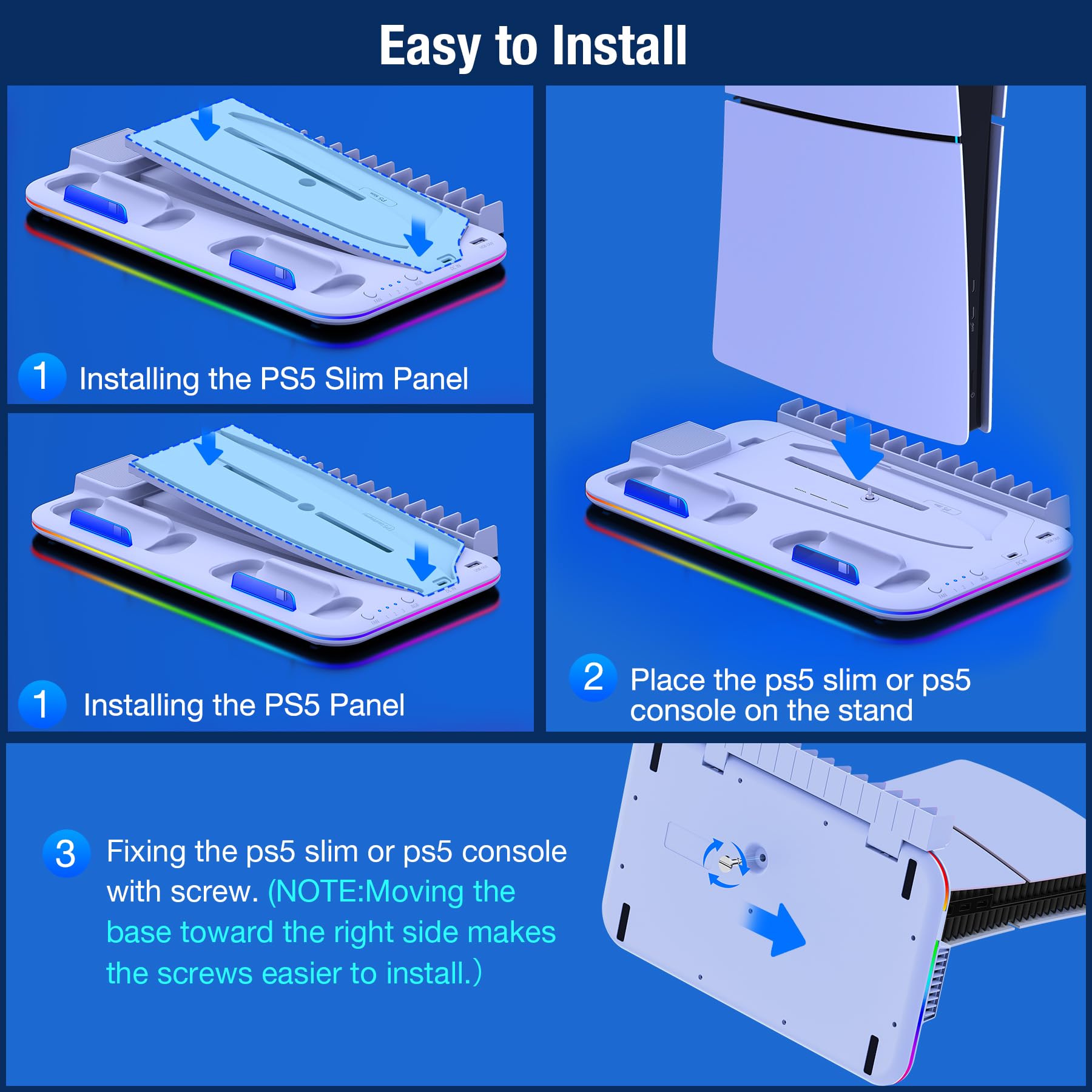 PS5 Stand PS5 Slim Stand with Cooling Station and Controller Charging Station for PS5 Slim Console Disc/Digital, PS5 Cooling Fan, RGB, Headset Holder, 15 Game Slot for Playstation 5 Accessories, White