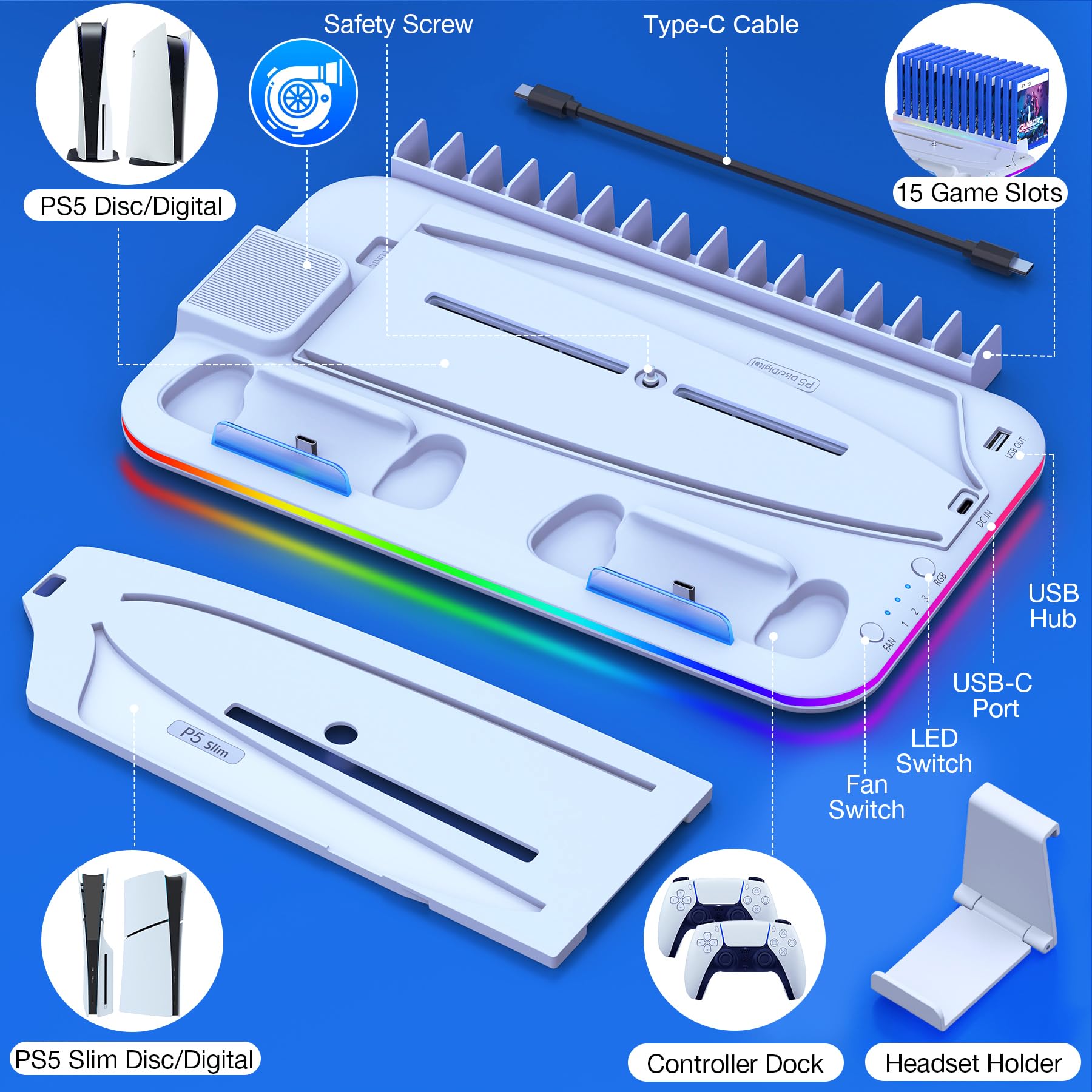 PS5 Stand PS5 Slim Stand with Cooling Station and Controller Charging Station for PS5 Slim Console Disc/Digital, PS5 Cooling Fan, RGB, Headset Holder, 15 Game Slot for Playstation 5 Accessories, White