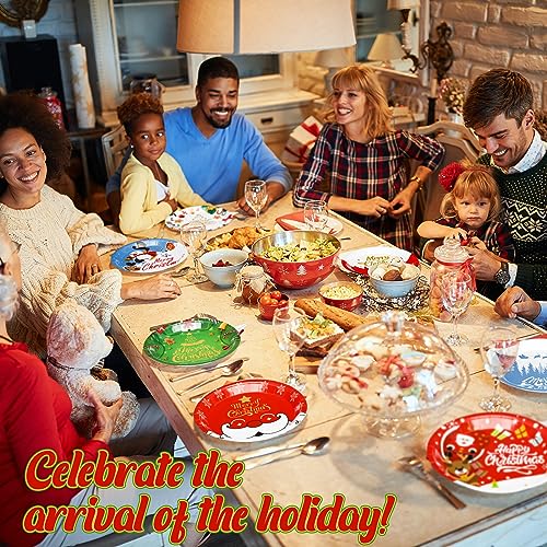 Sliner 120 Pcs 9 Inch Christmas Paper Plates Round Christmas Dinner Plates Cute Snowman Santa Themed Disposable Plates Dinnerware Plates for Xmas Winter Season Holiday Party Baking Cookie Dishware