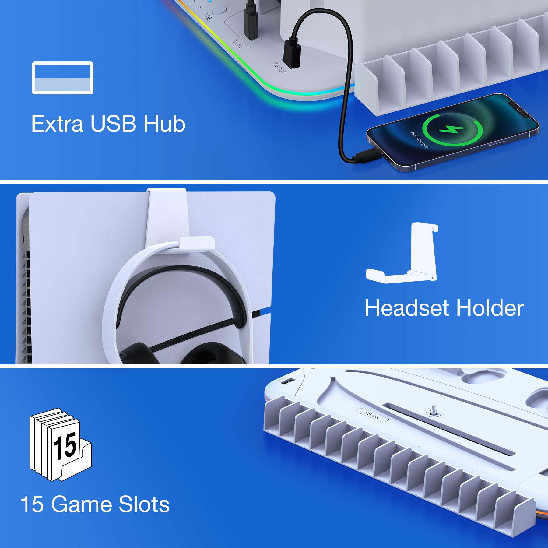 PS5 Stand PS5 Slim Stand with Cooling Station and Controller Charging Station for PS5 Slim Console Disc/Digital, PS5 Cooling Fan, RGB, Headset Holder, 15 Game Slot for Playstation 5 Accessories, White